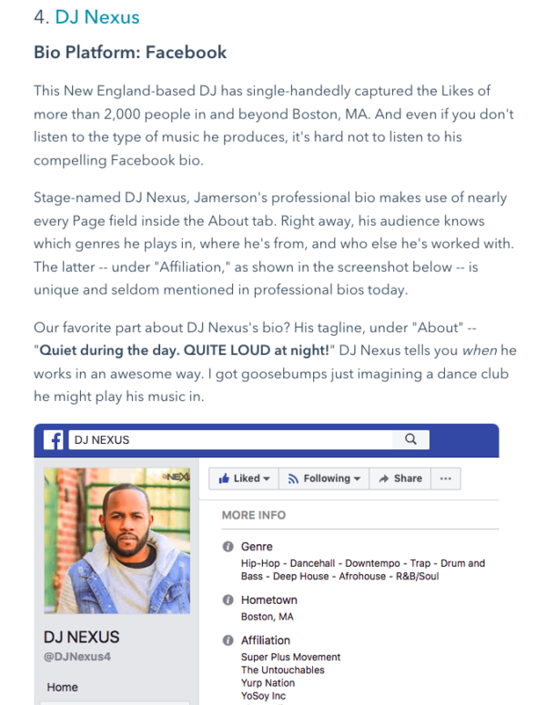 HubSpot rated DJ Nexus in “7 of the Best Professional Bio Examples We ...